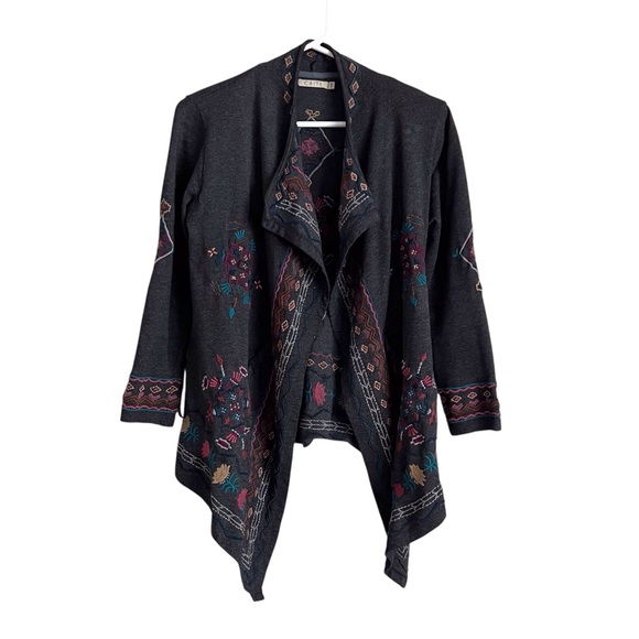 Caite | Jackets & Coats | Caite Boho Floral Knit Jacket Embroidered Tie ...